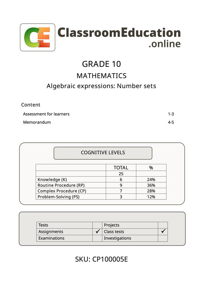 Algebraic expressions: Number sets - https://classroomeducation.online
